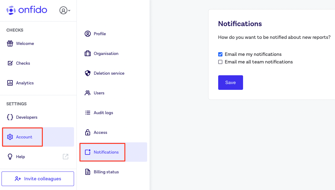 Dashboard - Setting Email Notifications